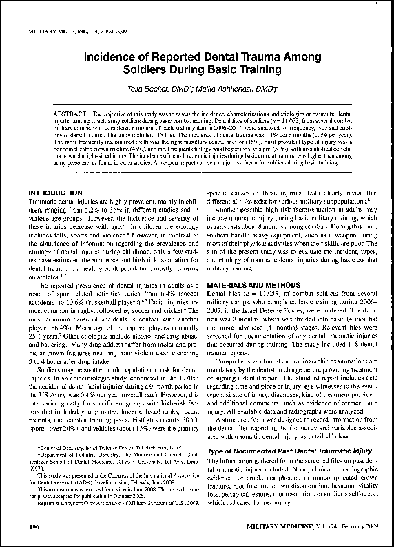 (PDF) Incidence of Reported Dental Trauma among Soldiers during Basic ...