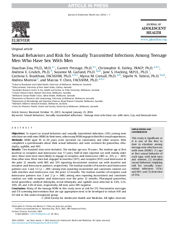 (PDF) Sexual Behaviors and Risk for Sexually Transmitted Infections Among Teenage Men Who Have ...