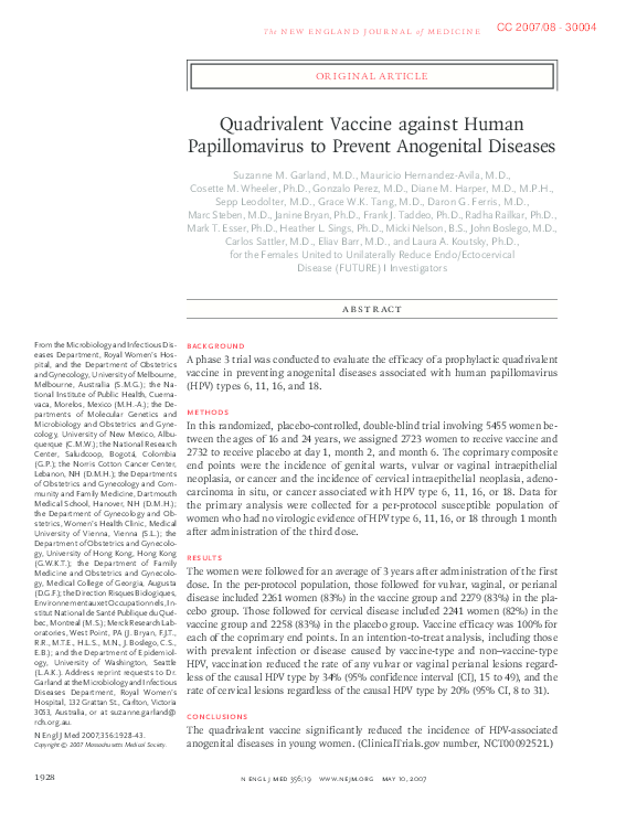 Pdf Quadrivalent Vaccine Against Human Papillomavirus To Prevent High 7780