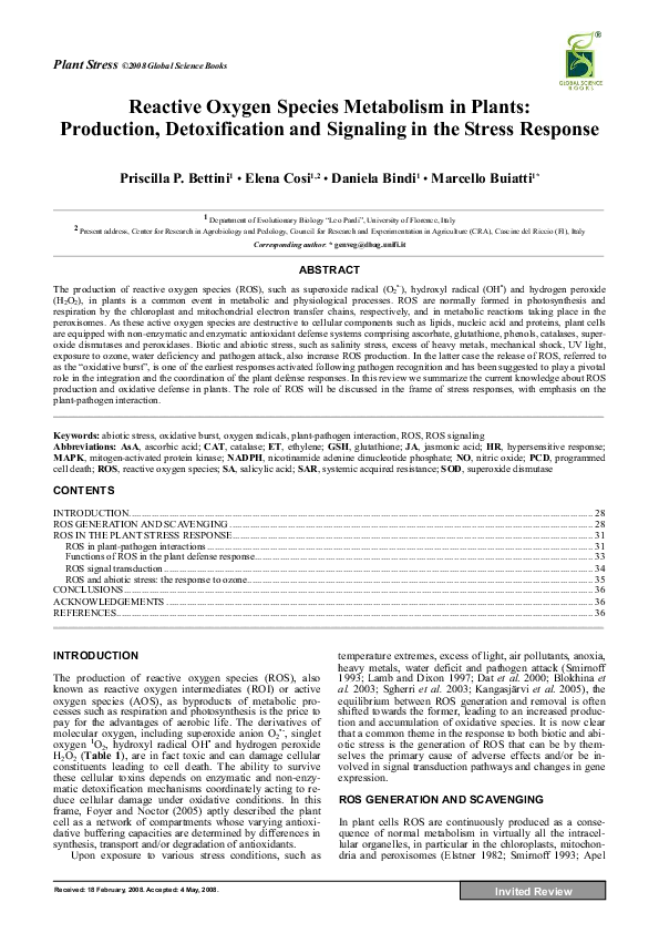 Reactive Oxygen Species Metabolism in Plants: Production ...