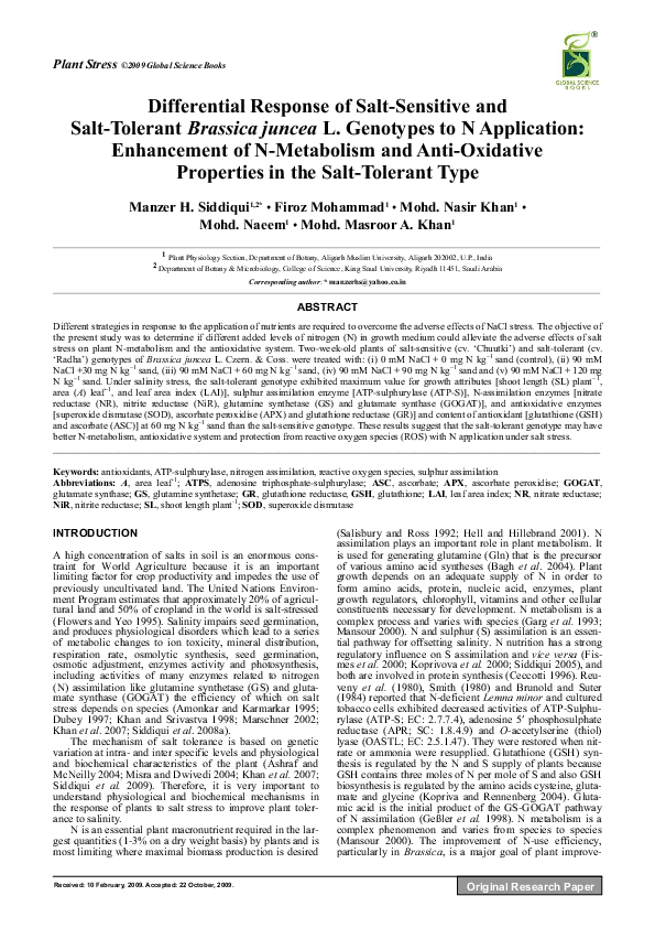Differential Response of Salt-Sensitive and Salt-Tolerant Brassica ...