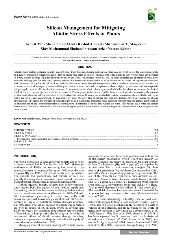 Silicon Management for Mitigating Abiotic Stress Effects in Plants