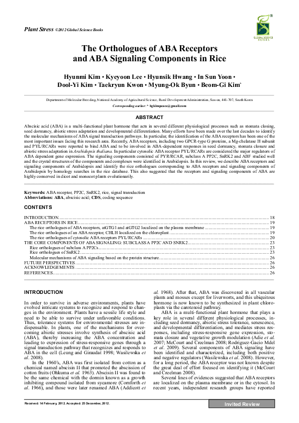 The Orthologues of ABA Receptors and ABA Signaling Components in Rice