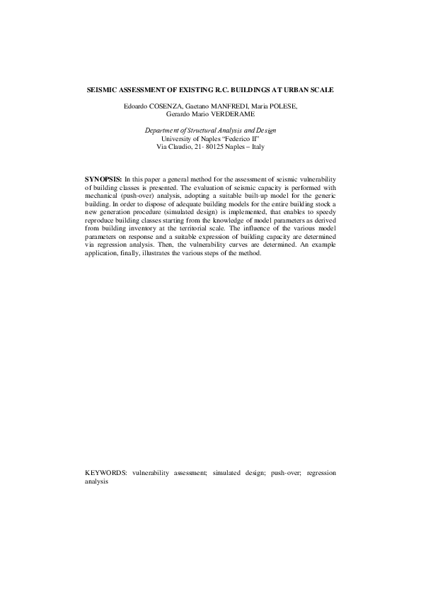 Pdf Seismic Assessment Of Existing Rc Buildings At Urban Scale