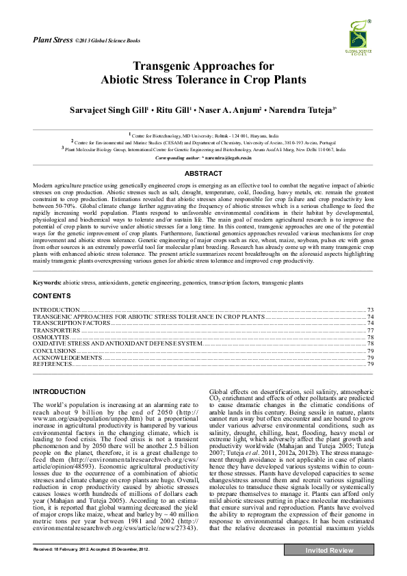 Transgenic Approaches for Abiotic Stress Tolerance in Crop Plants