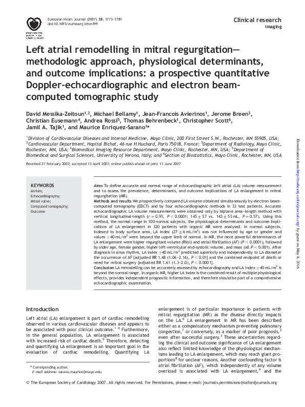 (PDF) Left atrial remodelling in mitral regurgitation--methodologic ...
