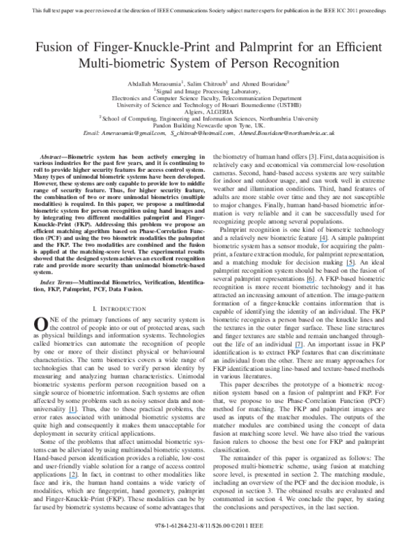 Pdf Fusion Of Finger Knuckle Print And Palmprint For An Efficient Multi Biometric System Of