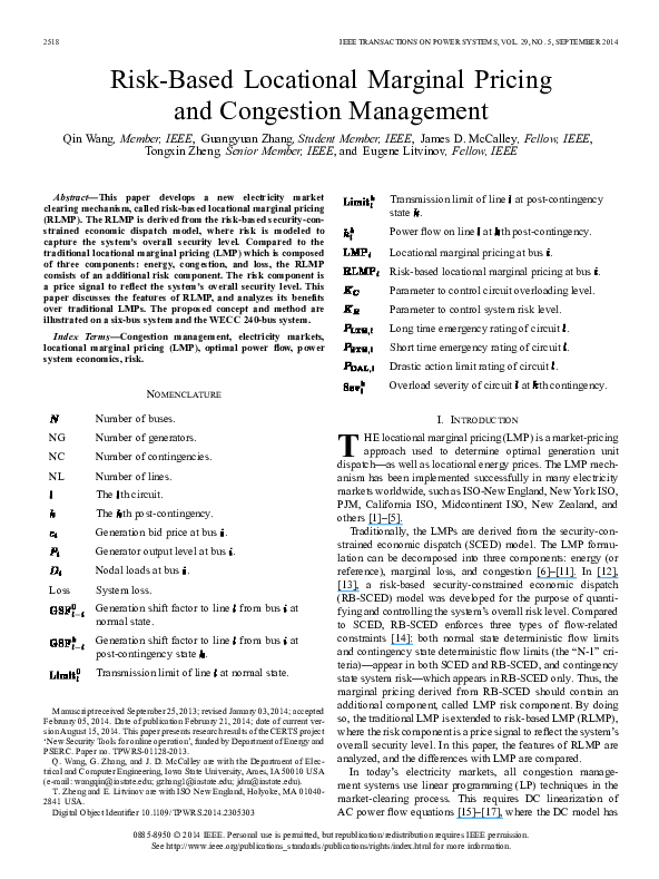 (PDF) Risk-Based Locational Marginal Pricing and Congestion Management