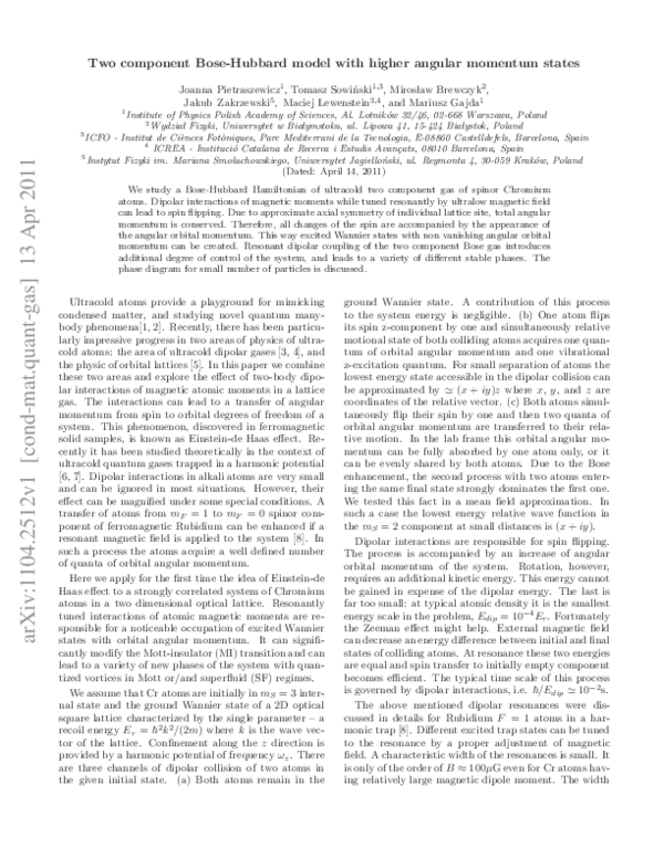 Pdf Two Component Bose Hubbard Model With Higher Angular Momentum States