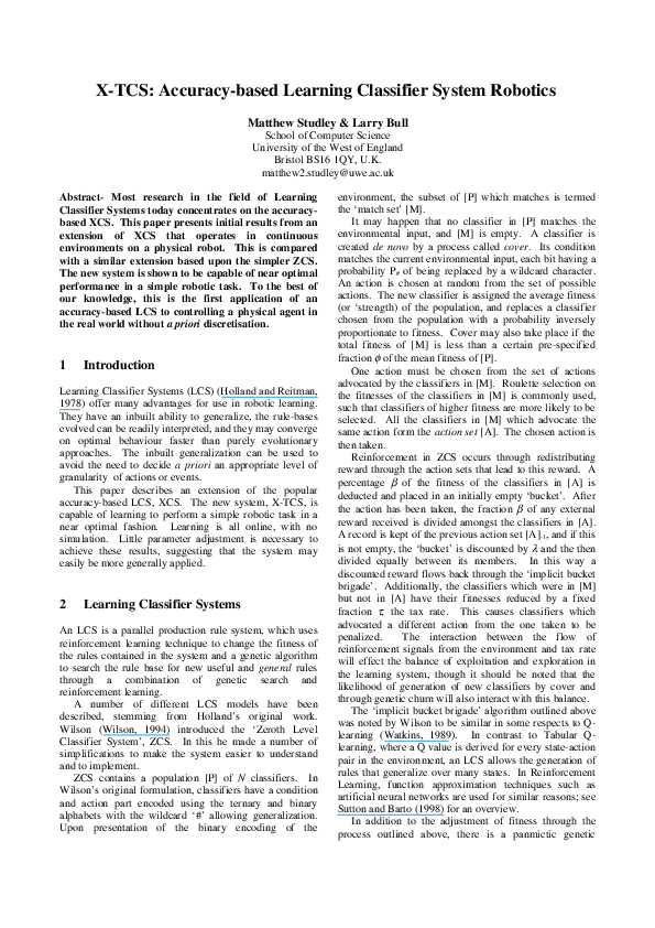Pdf X Tcs Accuracy Based Learning Classifier System Robotics