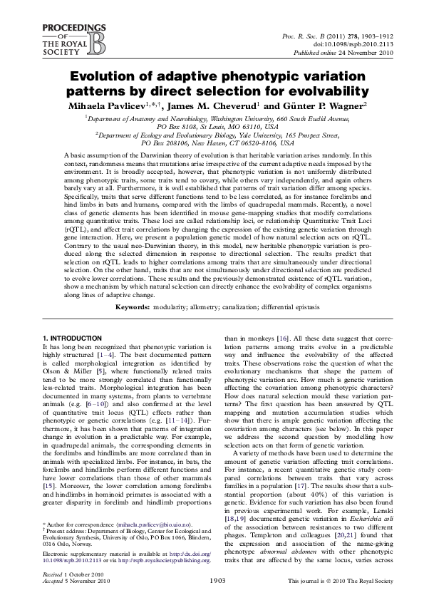 (PDF) Evolution of adaptive phenotypic variation patterns by direct selection for evolvability