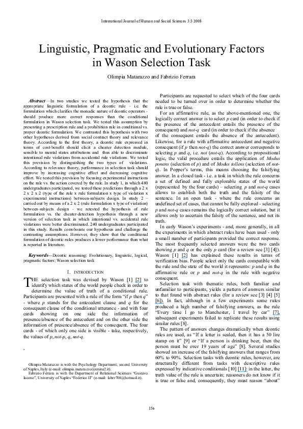 (PDF) Linguistic, Pragmatic and Evolutionary Factors in Wason Selection ...