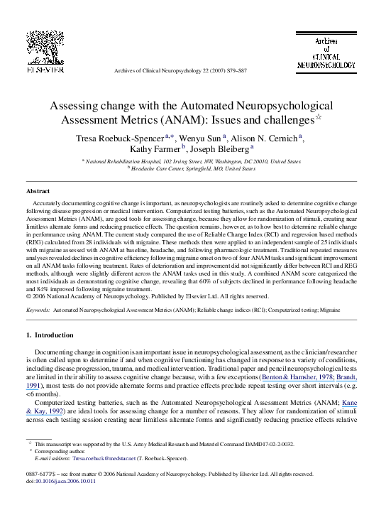(PDF) Assessing change with the Automated Neuropsychological Assessment ...