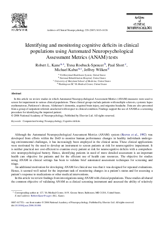(PDF) Identifying and monitoring cognitive deficits in clinical ...