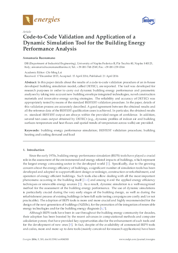 Pdf Code To Code Validation And Application Of A Dynamic Simulation Tool For The Building