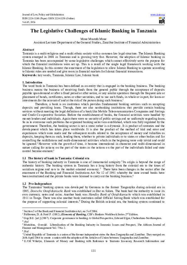 (PDF) The Legislative Challenges of Islamic Banking in Tanzania