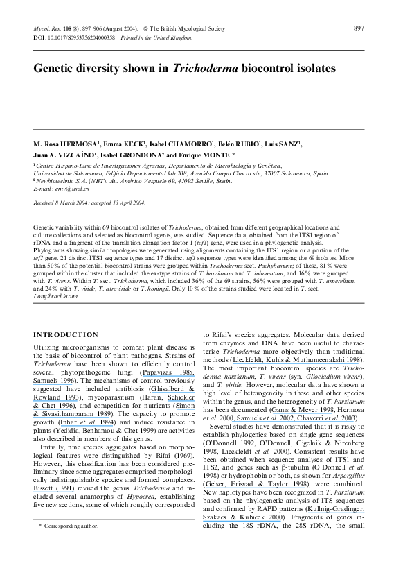 Pdf Genetic Diversity Shown In Trichoderma Biocontrol Isolates