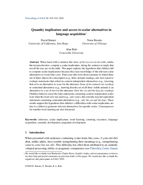 Pdf Quantity Implicature And Access To Scalar Alternatives In Language Acquisition
