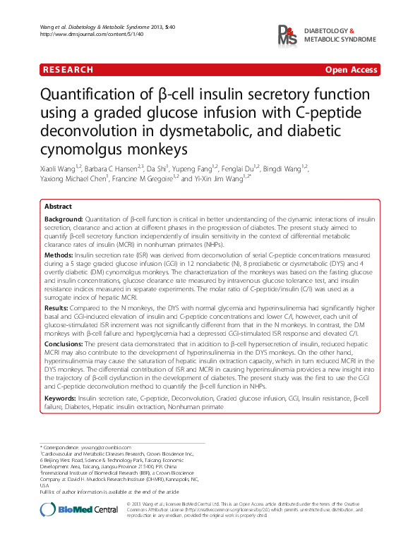 (PDF) Quantification of β-cell insulin secretory function using a ...