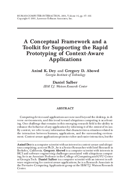 Pdf A Conceptual Framework And A Toolkit For Supporting The Rapid Prototyping Of Context
