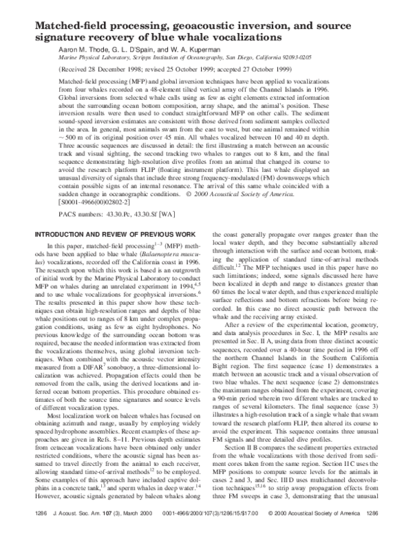 (PDF) Matched-field processing, geoacoustic inversion, and source signature recovery of blue ...
