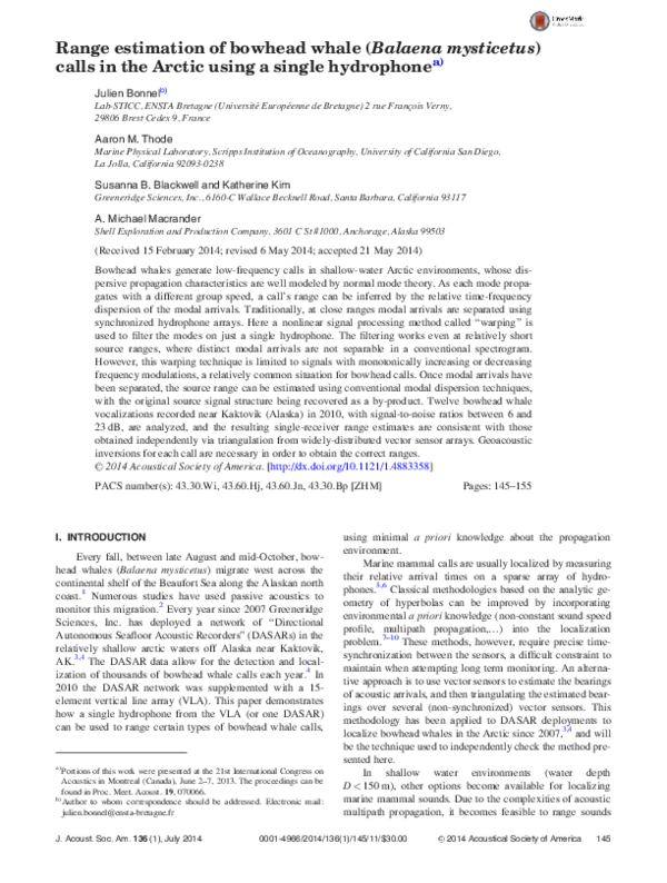 Pdf Range Estimation Of Bowhead Whale Balaena Mysticetus Calls In The Arctic Using A Single