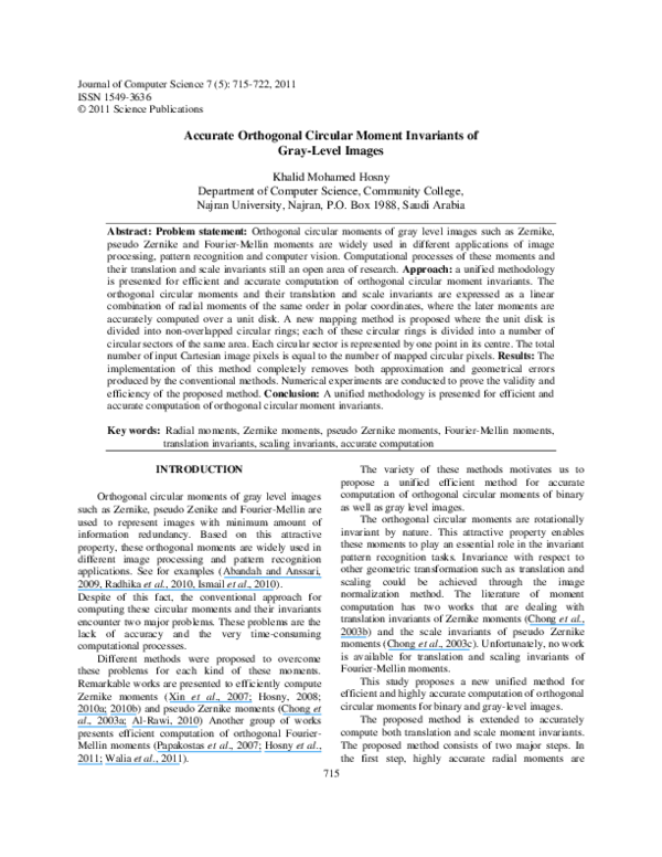 Pdf Accurate Orthogonal Circular Moment Invariants Of Gray Level Images Khalid Hosny