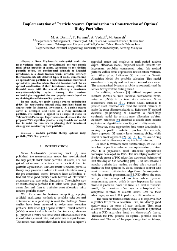 (PDF) Implementation of particle swarm optimization in construction of optimal risky portfolios