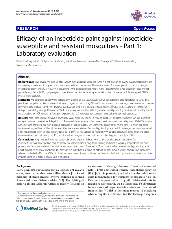 (PDF) Efficacy of an insecticide paint against insecticide-susceptible ...