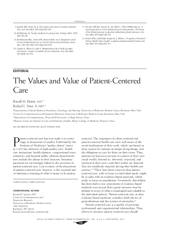 (PDF) The Values and Value of Patient-Centered Care