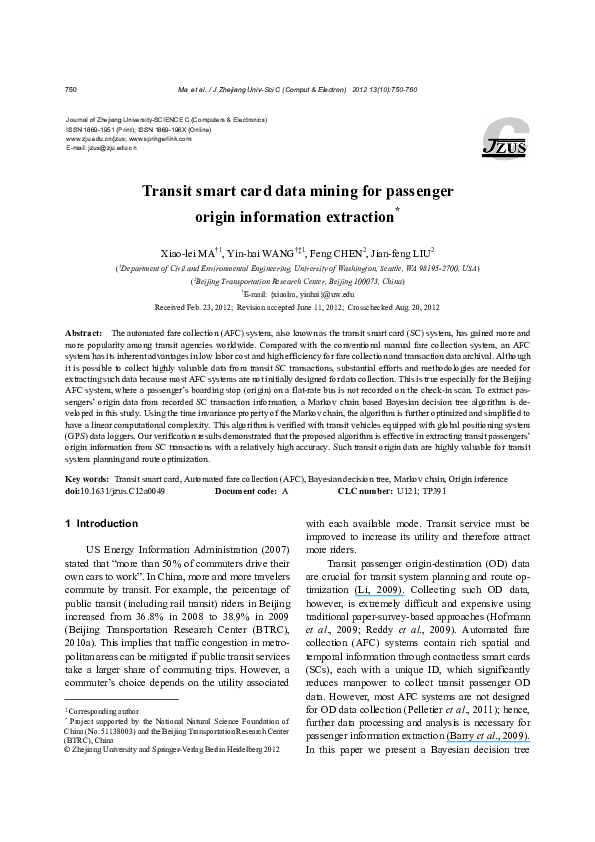 (PDF) Transit smart card data mining for passenger origin information extraction