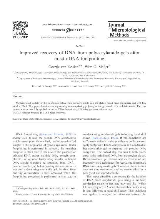 (PDF) Improved recovery of DNA from polyacrylamide gels after in situ ...