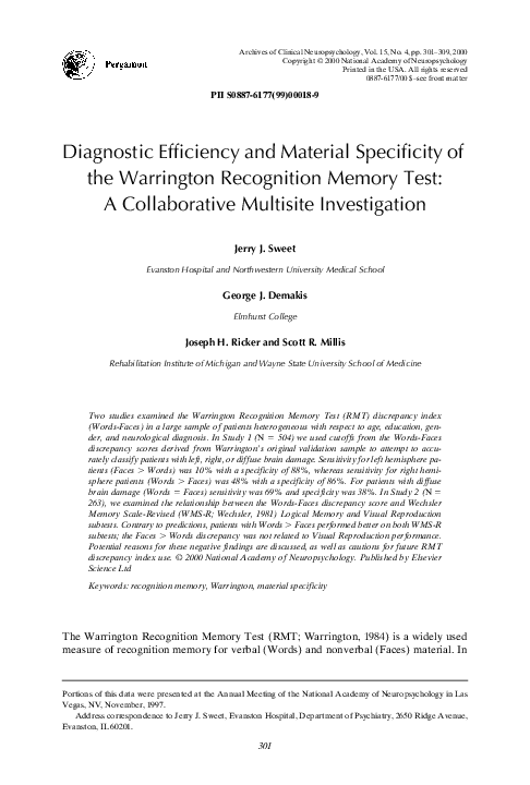 (PDF) Diagnostic efficiency and material specificity of the Warrington ...