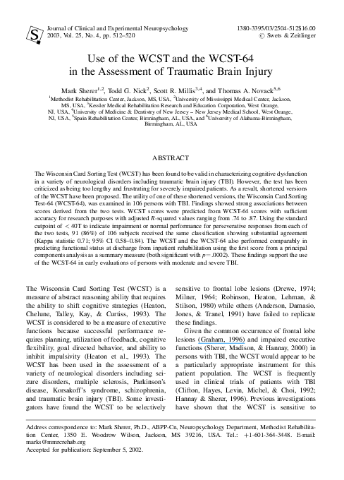 (PDF) Use of the WCST and the WCST-64 in the Assessment of Traumatic ...