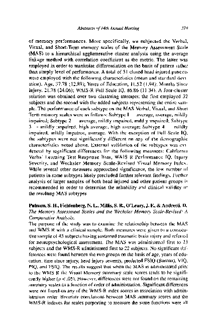 (PDF) The memory assessment scales and the Wechsler Memory Scale ...