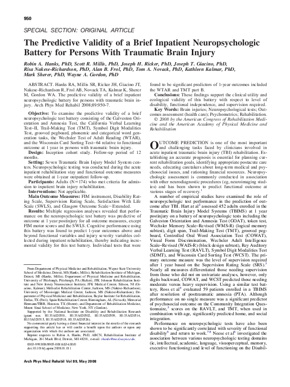 (PDF) The Predictive Validity of a Brief Inpatient Neuropsychologic ...