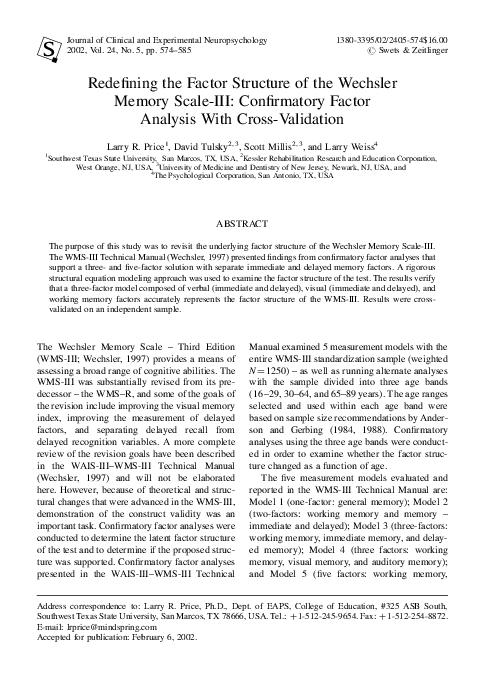 Pdf Redefining The Factor Structure Of The Wechsler Memory Scale Iii Confirmatory Factor