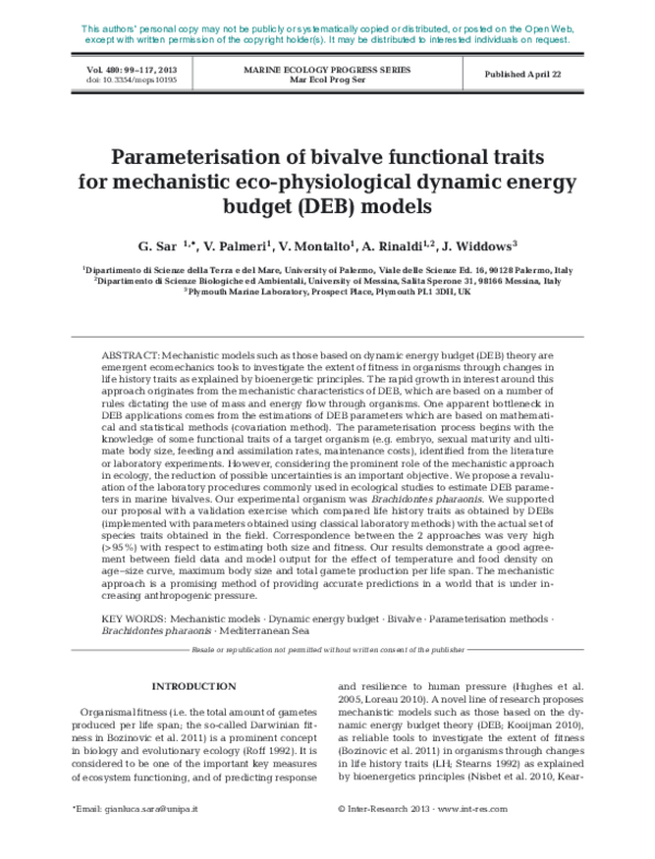 (PDF) Parameterisation of bivalve functional traits for mechanistic eco ...
