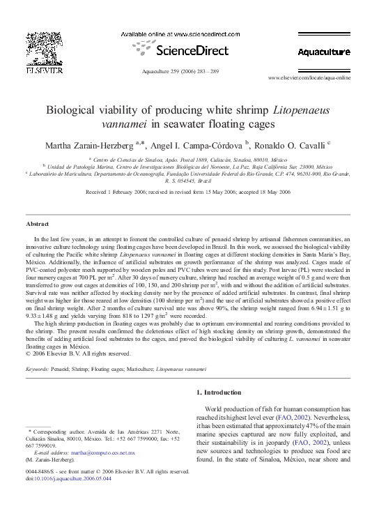 (PDF) Biological viability of producing white shrimp Litopenaeus vannamei in seawater floating cages