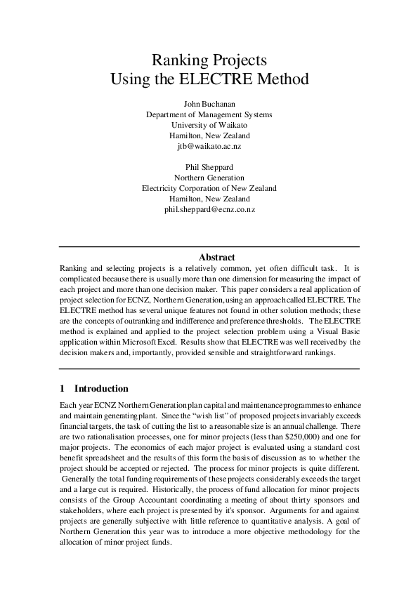 (PDF) Ranking Projects Using the ELECTRE Method