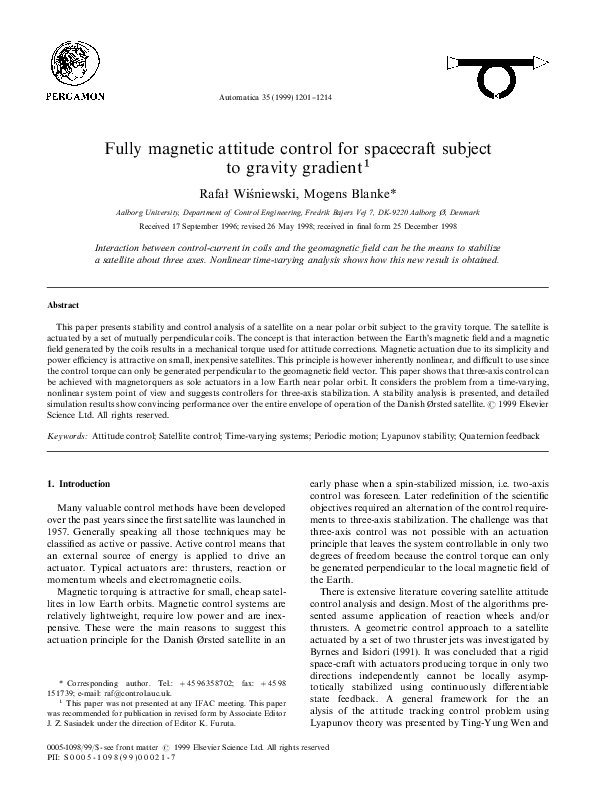Pdf Fully Magnetic Attitude Control For Spacecraft Subject To Gravity Gradient
