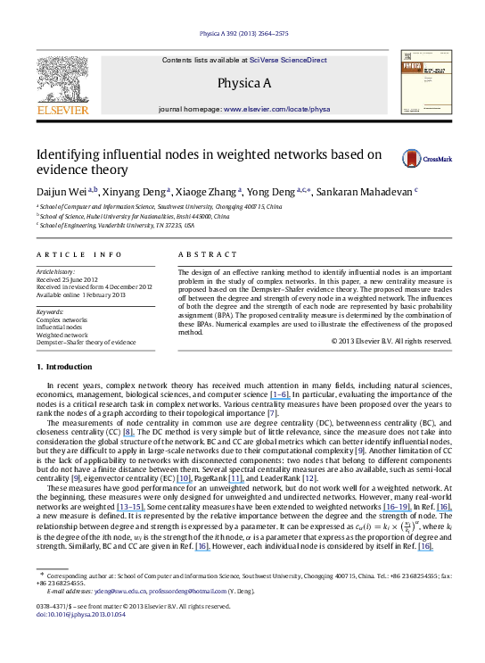 (PDF) Identifying influential nodes in weighted networks based on evidence theory