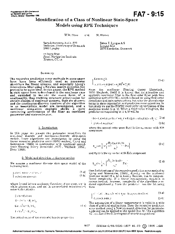 Pdf Identification Of A Class Of Non Linear State Space Models Using Rpe Techniques Mogens