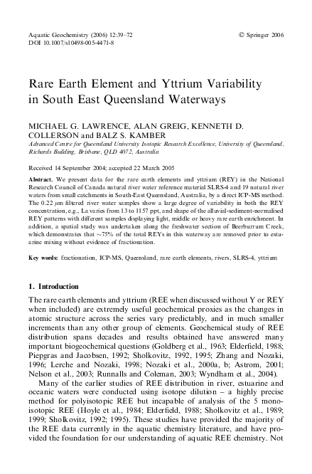 (PDF) Rare Earth Element and Yttrium Variability in South East Queensland Waterways