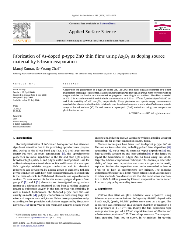 (PDF) Fabrication of As-doped p-type ZnO thin films using As2O3 as doping source material by E ...