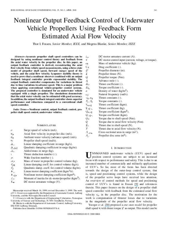 Pdf Nonlinear Output Feedback Control Of Underwater Vehicle Propellers Using Feedback Form