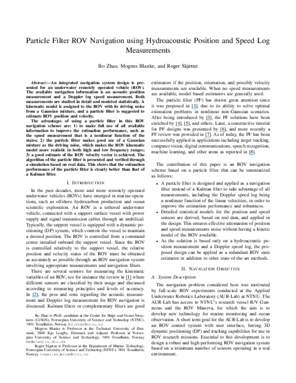 Pdf Particle Filter Rov Navigation Using Hydroacoustic Position And Speed Log Measurements