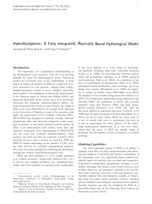 (PDF) HydroGeoSphere: A Fully Integrated, Physically Based Hydrological ...