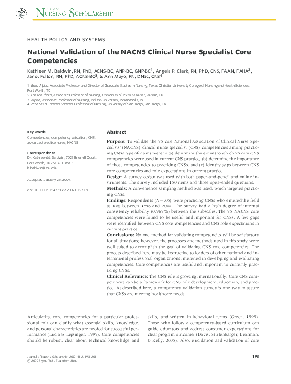 (PDF) National Validation of the NACNS Clinical Nurse Specialist Core ...
