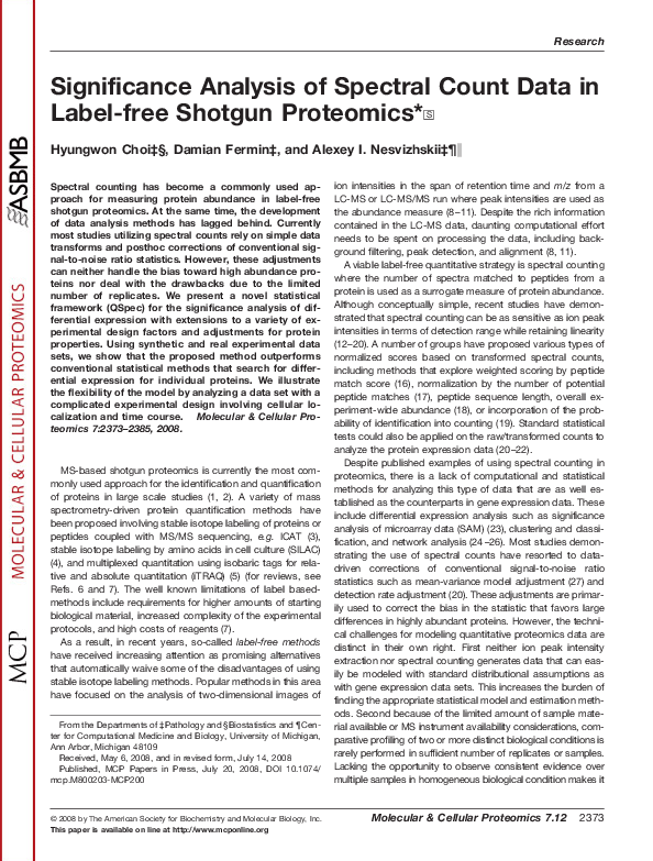 (PDF) Significance Analysis of Spectral Count Data in Label-free Shotgun Proteomics